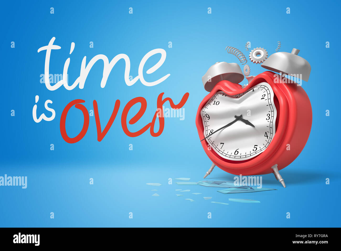 3d rendering of red broken clock with TIME IS OVER sign on blue ...