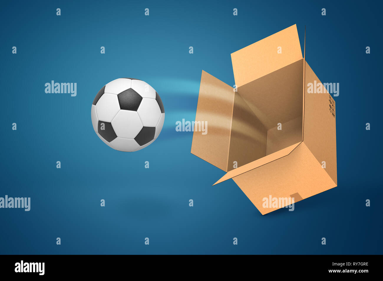 3d rendering of football ball flying out of carton box on blue ...