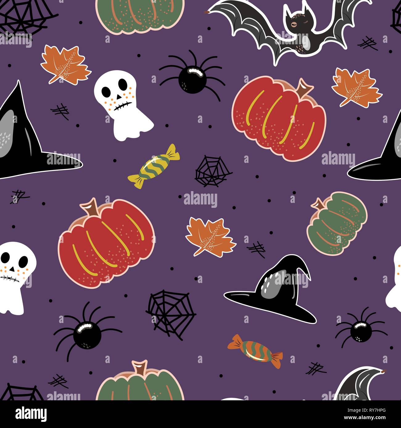 halloween seamless pattern background with pumpkin, bat, lollipop ...
