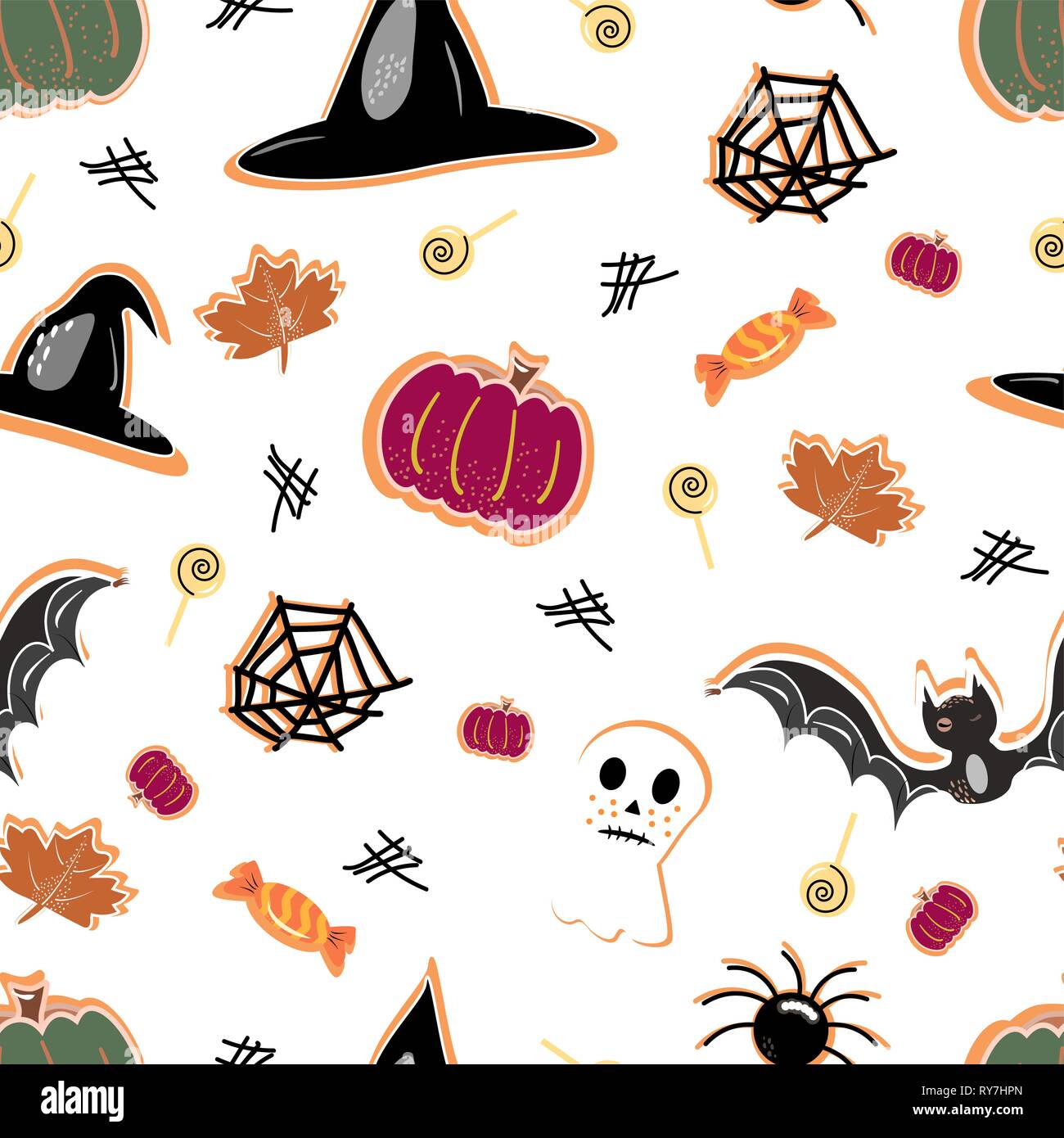 halloween seamless pattern background with pumpkin, bat, lollipop ...