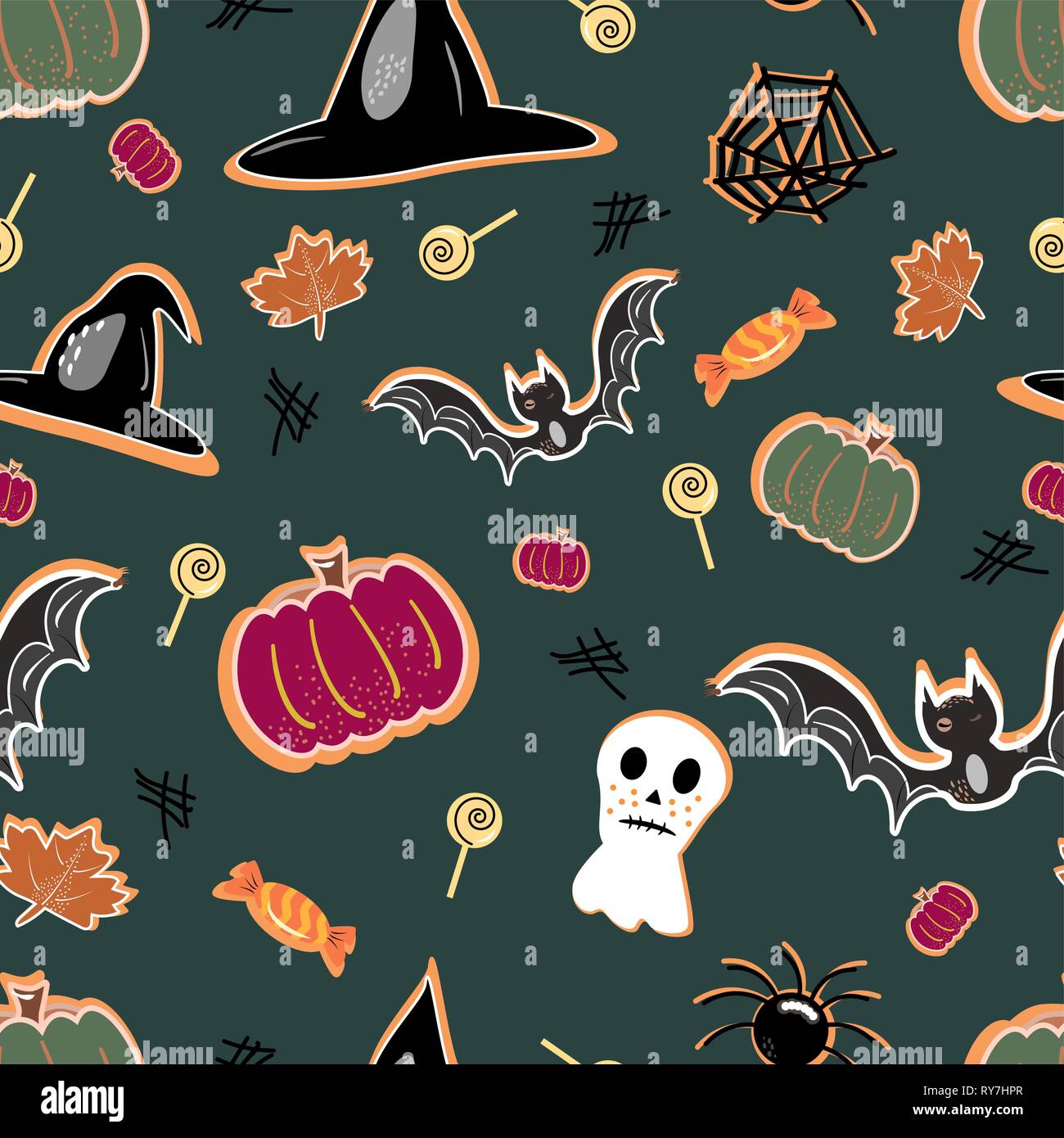 halloween seamless pattern background with pumpkin, bat, lollipop ...