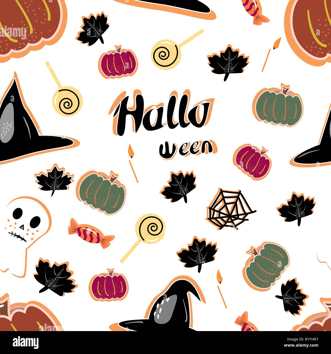 halloween seamless pattern background with pumpkin, bat, lollipop ...
