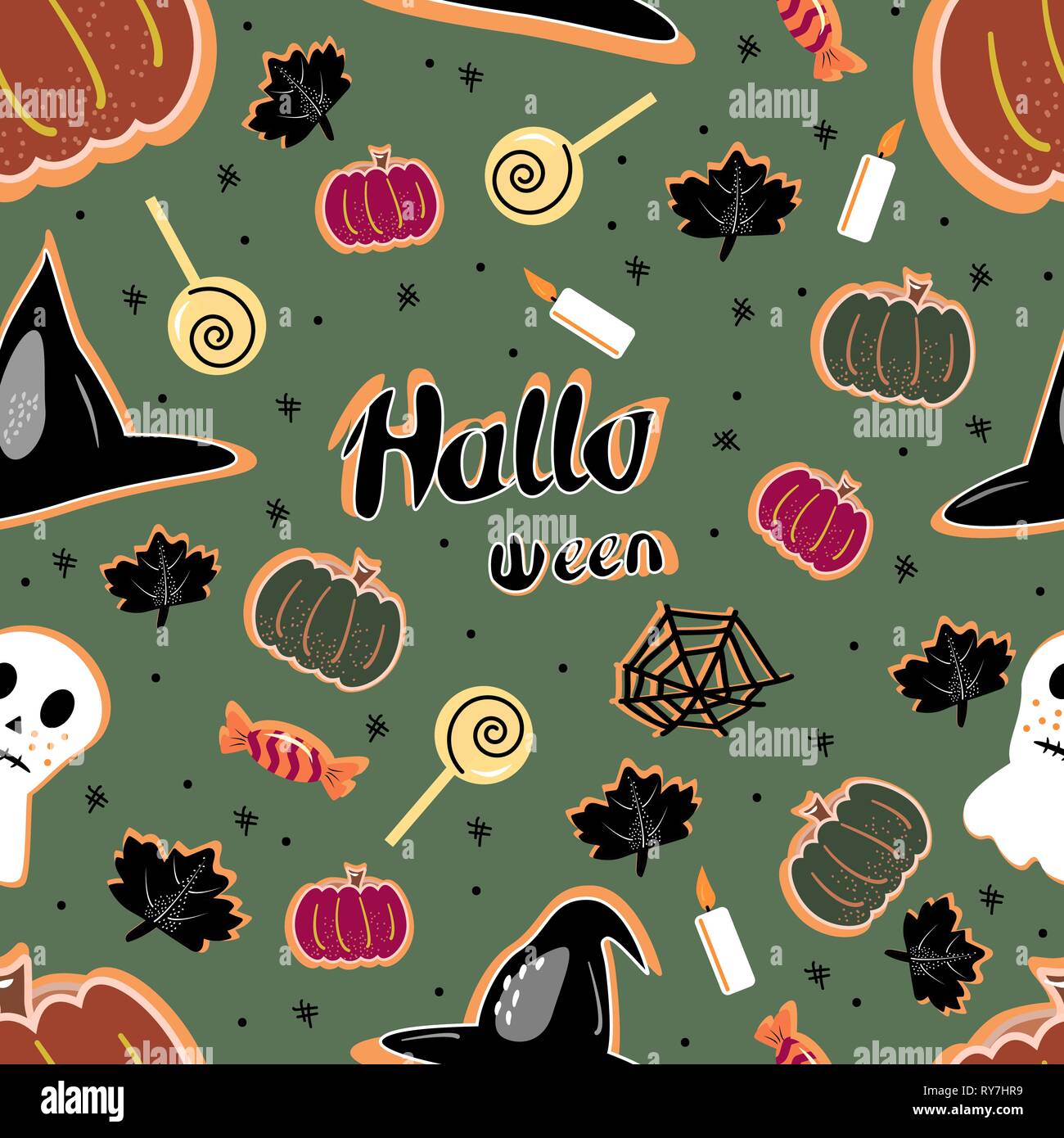 halloween seamless pattern background with pumpkin, bat, lollipop ...