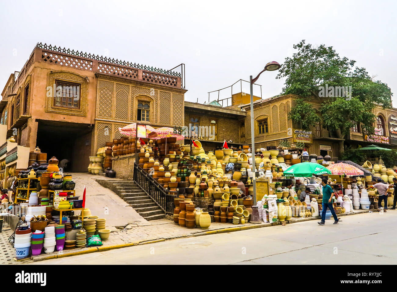 Kashgar Old Town Uyghur Pottery Store Market Street with Walking People ...