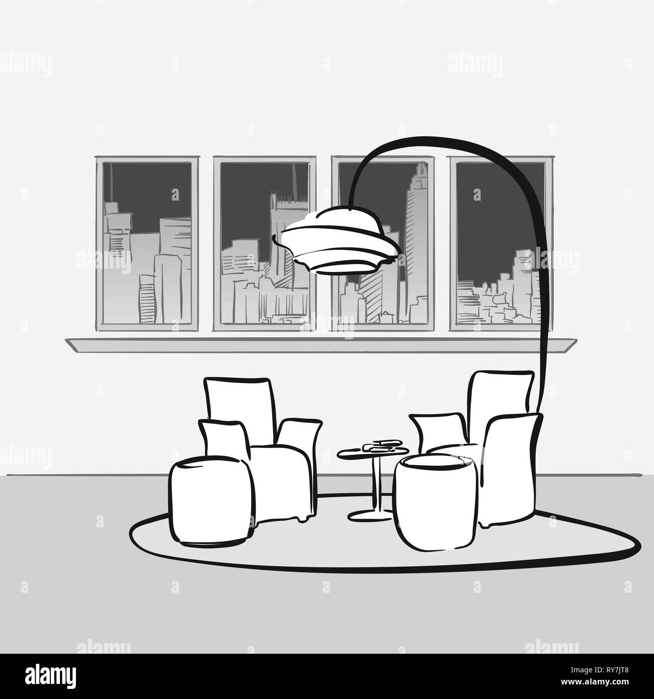 Sketched Interior lounge space. Hand drawn vector illustration. Series ...