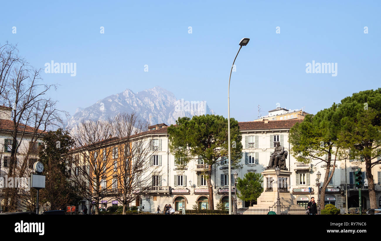 LECCO, ITALY - FEBRUARY 20, 2019: people on square piazza Manzoni with ...