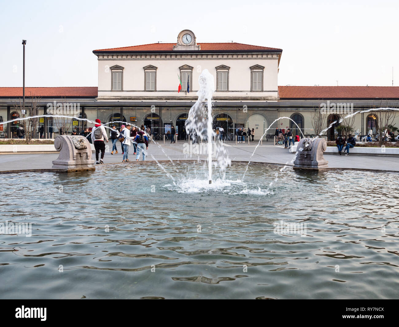 BERGAMO, ITALY - FEBRUARY 20, 2019: people near water fountain on ...