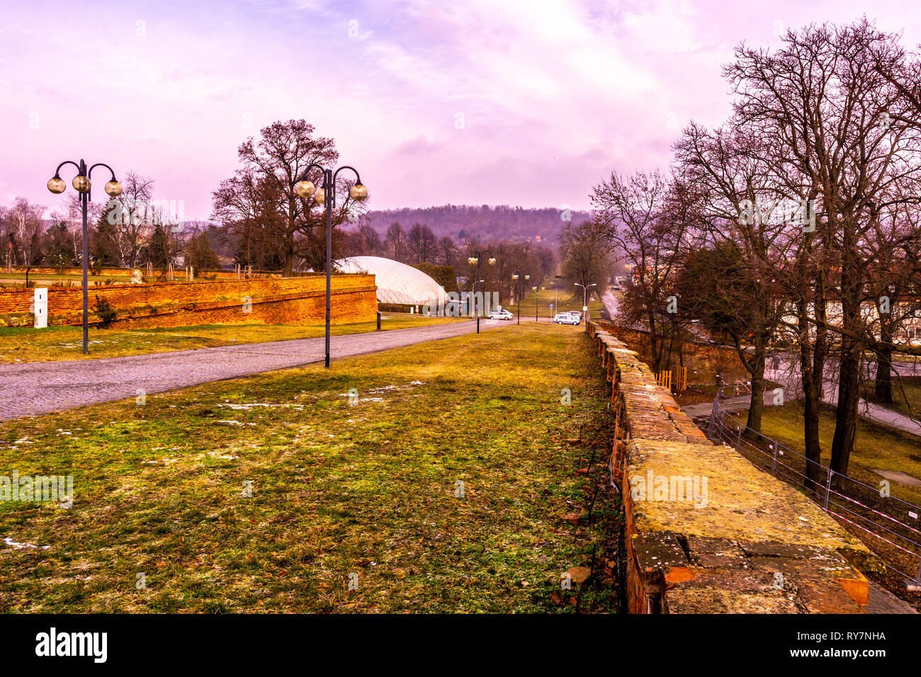 Slavkov u Brna Castle Palace Exit Walkway Viewpoint with Blue Cloudy ...