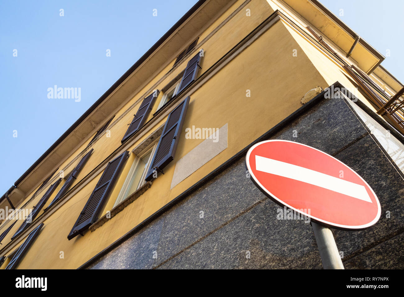 Travel to Italy - bottom view of No Entry road sign on the street ...