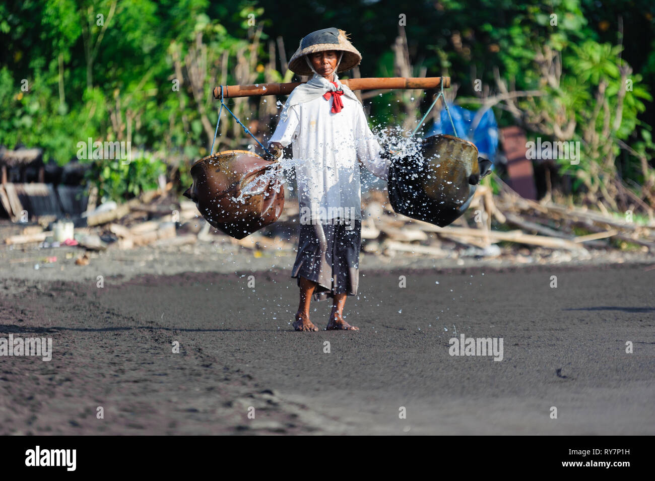 Bali Indonesia Apr 3, 2016 : Traditional salt farmer pouring sea water ...