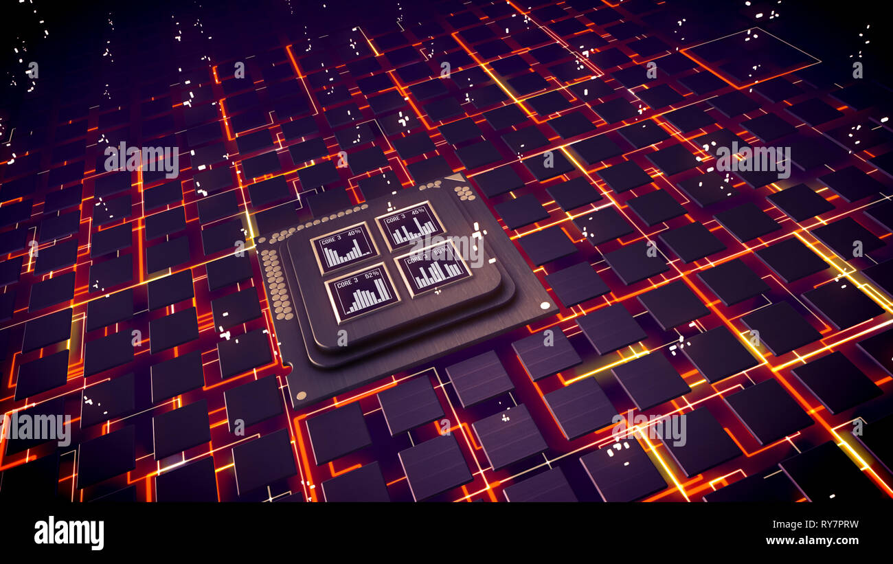 Advanced 3d illustration of CPU squares with bar charts glittering ...