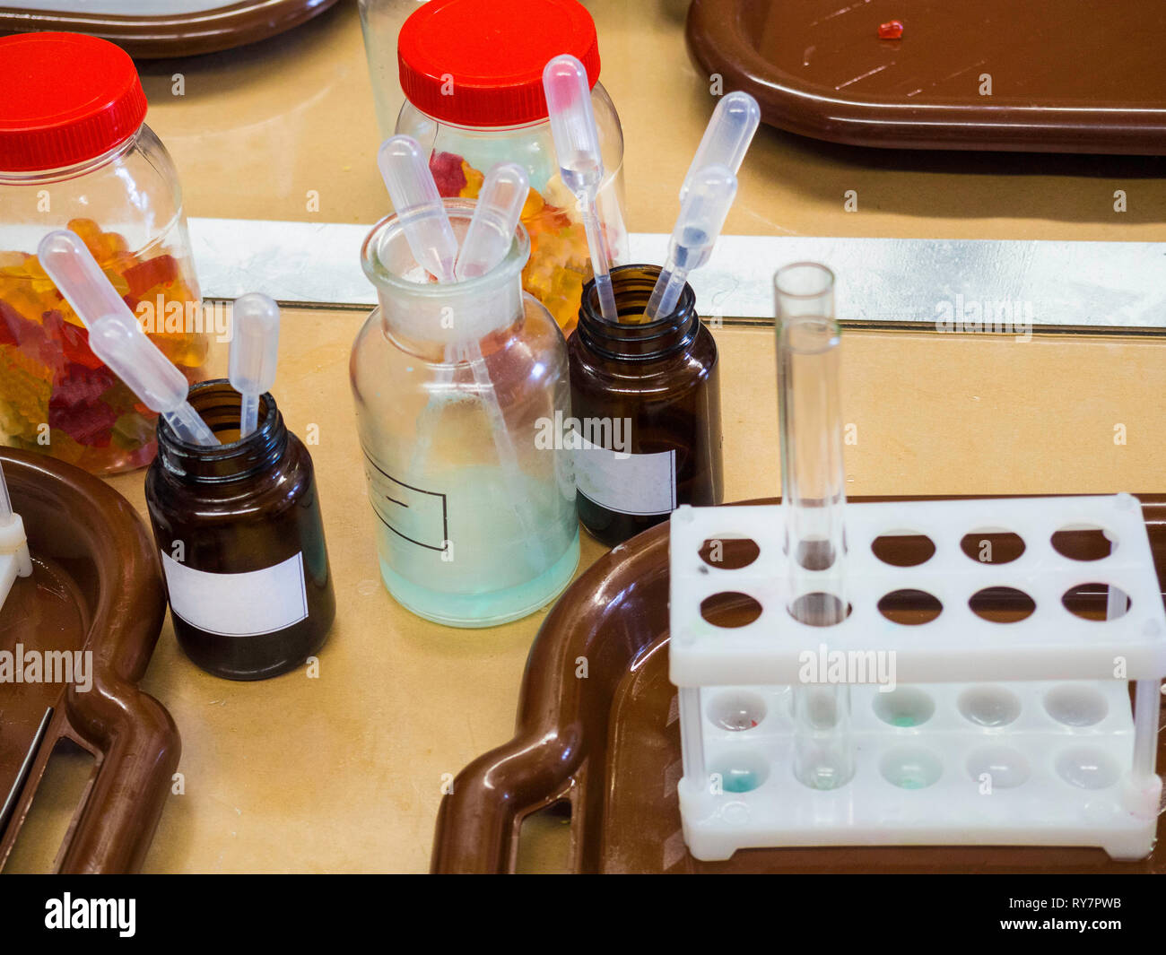 Old style medicine glass bottles. Concept of science research ...