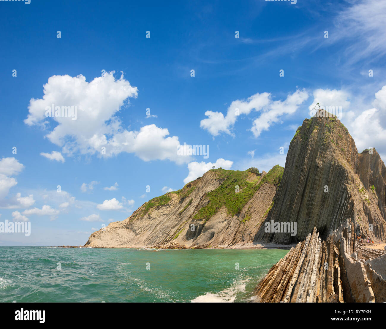 flysch rock formation at famous Itzurun beach at Zumaia coast, Pais ...