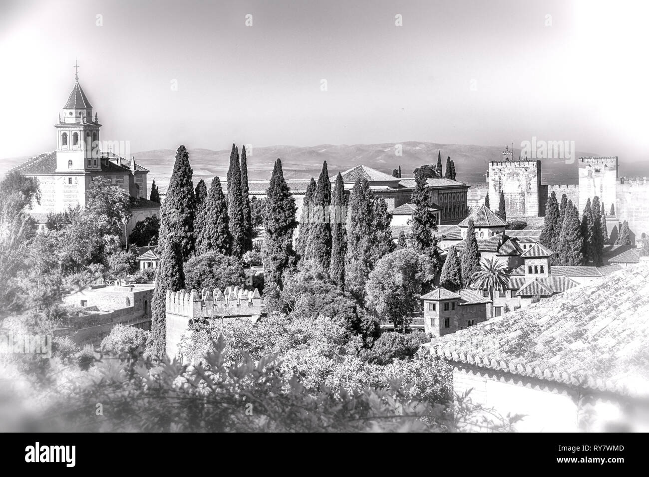 Black and white landscape; Alhambra Gardens, Granada, Spain Stock Photo ...