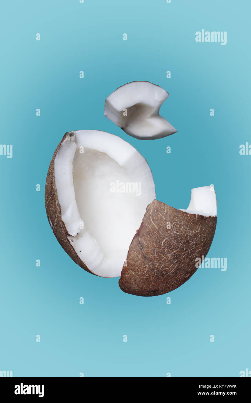 Coconut splits into pieces on a blue background Stock Photo - Alamy