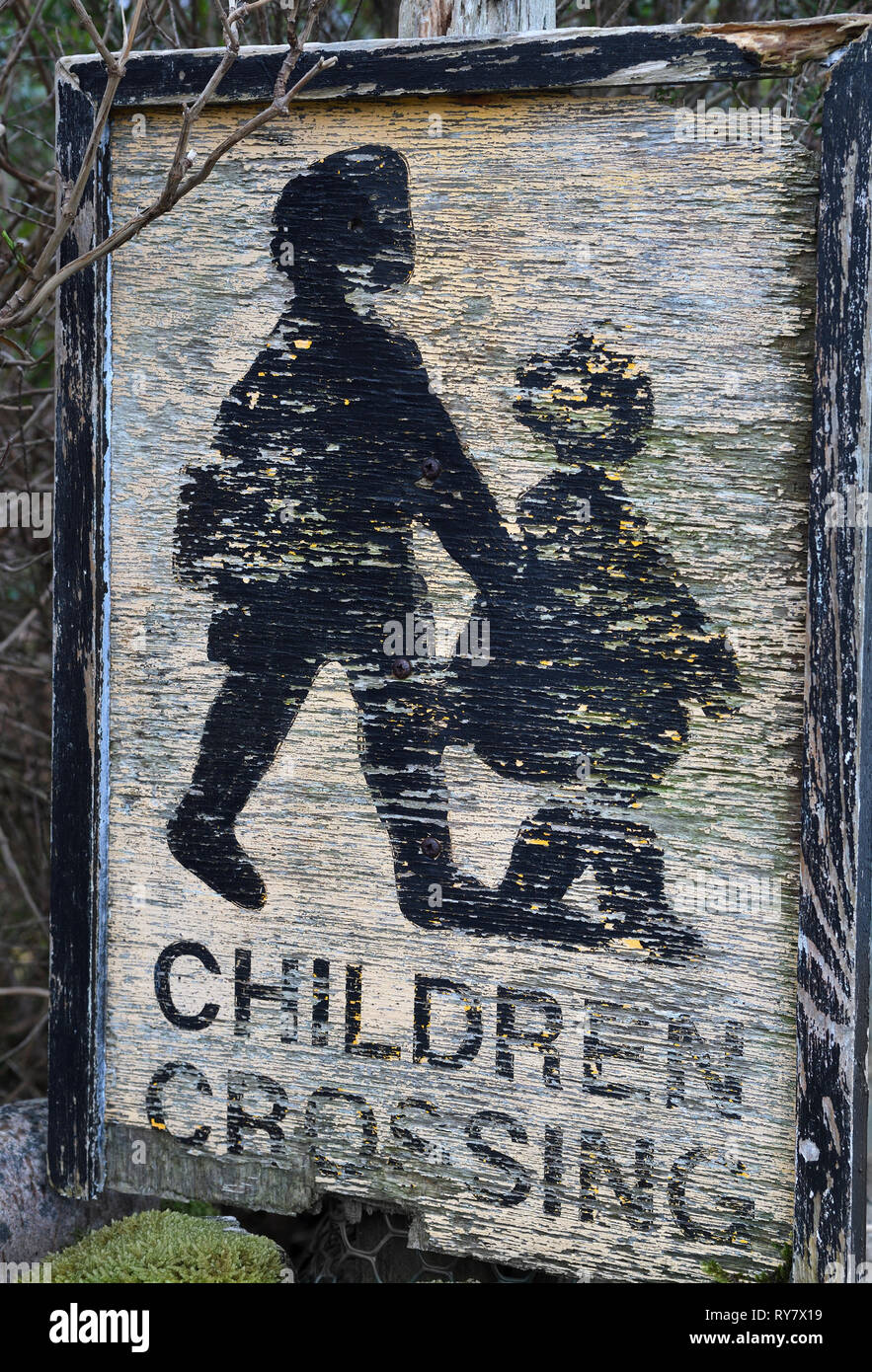 old wooden children crossing sign;poolewe;wester ross;scotland Stock ...