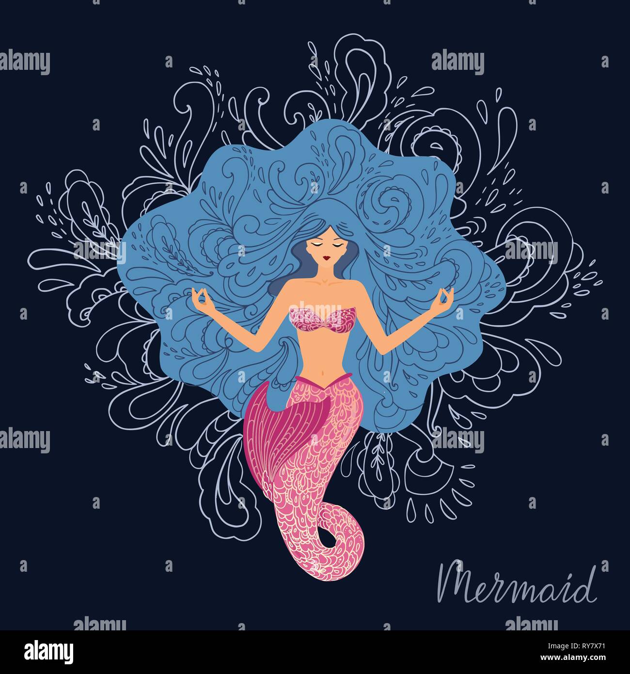 Vector illustration of a meditating mermaid with flowing hair at the ...