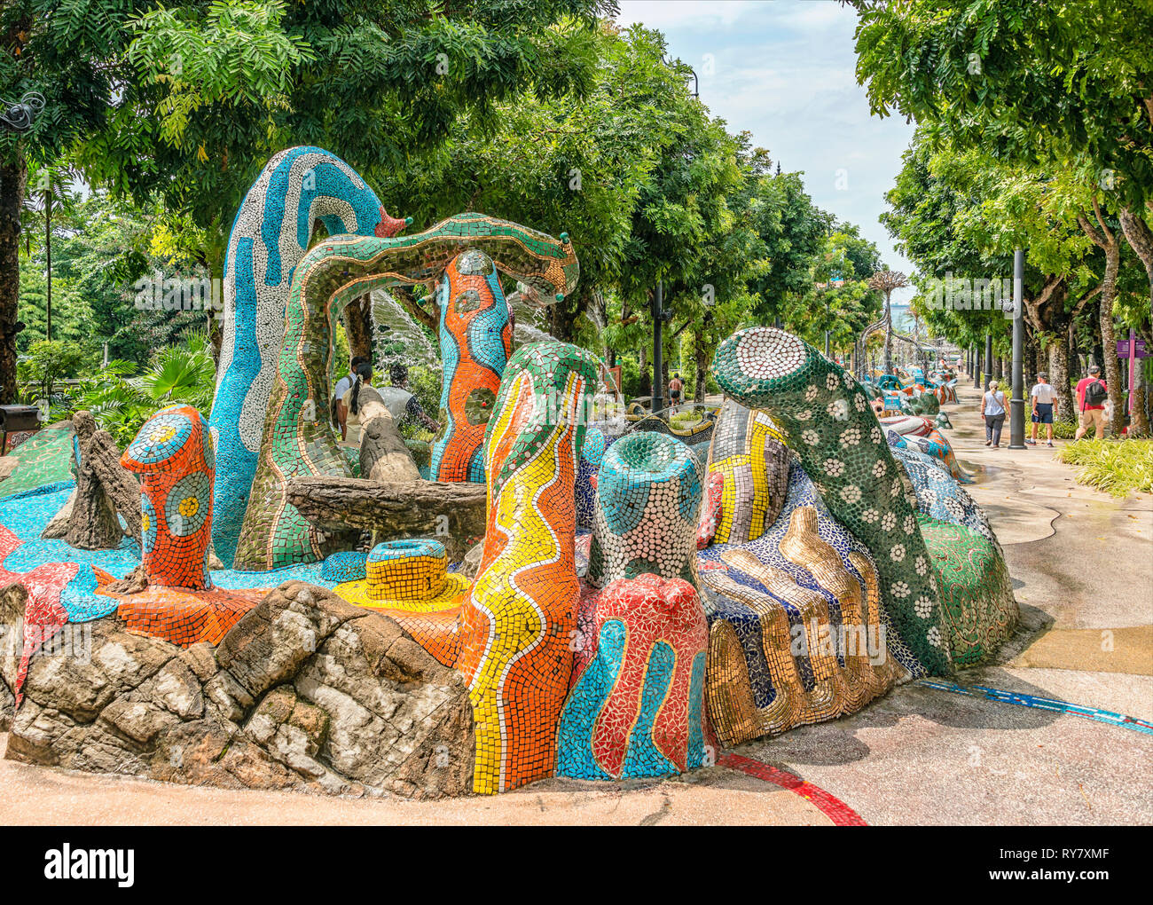 Gaudi style fountain at the Merlion Walk on Sentosa Island, Singapore ...