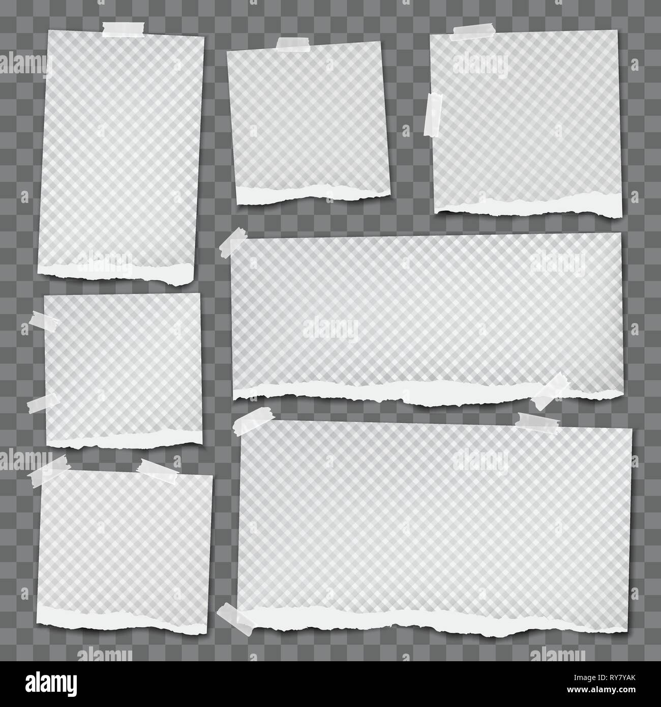 Set of torn note, notebook paper strips with squared pattern stuck with ...