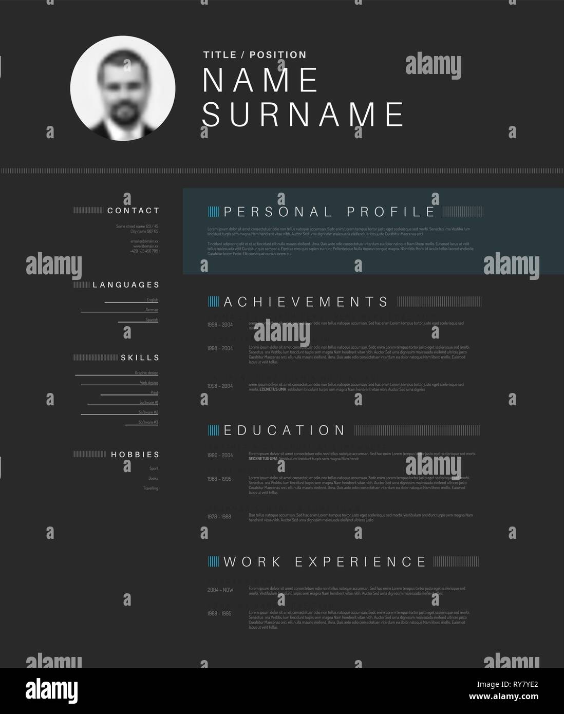 Vector minimalist dark gray cv / resume template design with profile ...