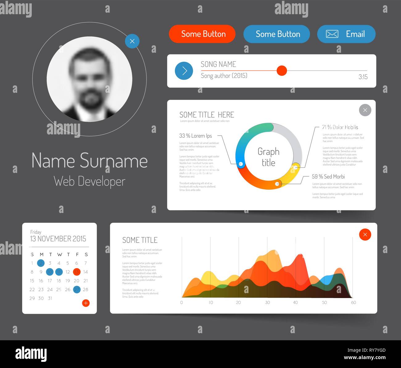 Simple dark infographic dashboard template with flat design graphs and ...