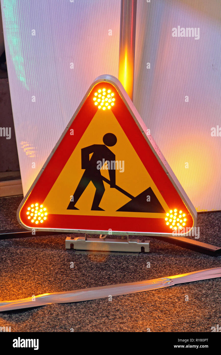 Road Works Traffic Sign With Warning Led Lights Stock Photo - Alamy