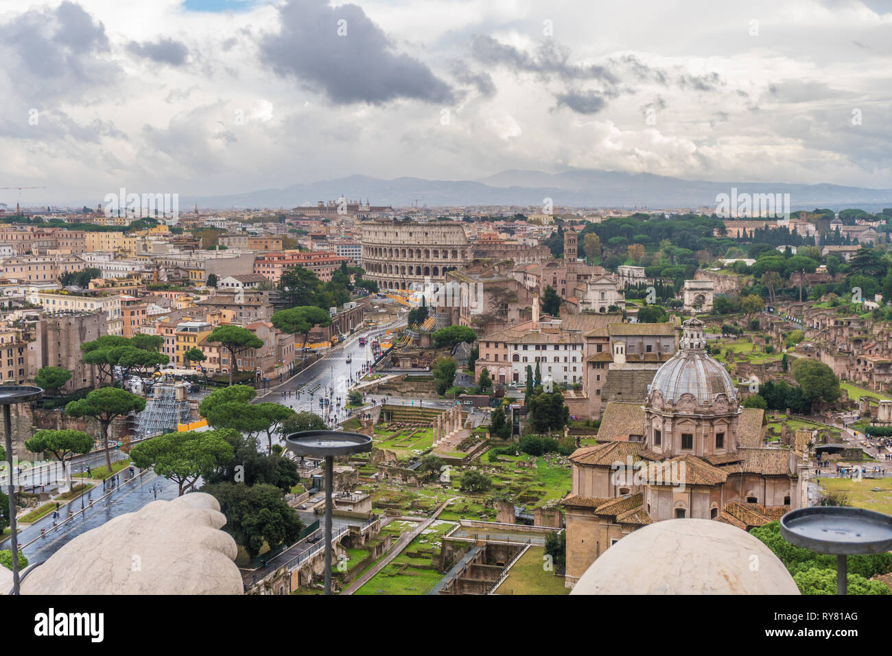 Aerial view of the Roman Forum and Colosseum in Rome, Italy. Rome from ...