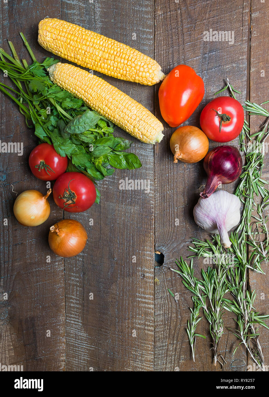Food concept. Flat lay of different vegetables on old wooden table and ...