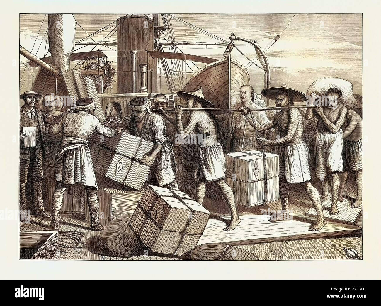 China: The Steamer Travancore Taking in Cargo at Singapore 1873 Stock ...