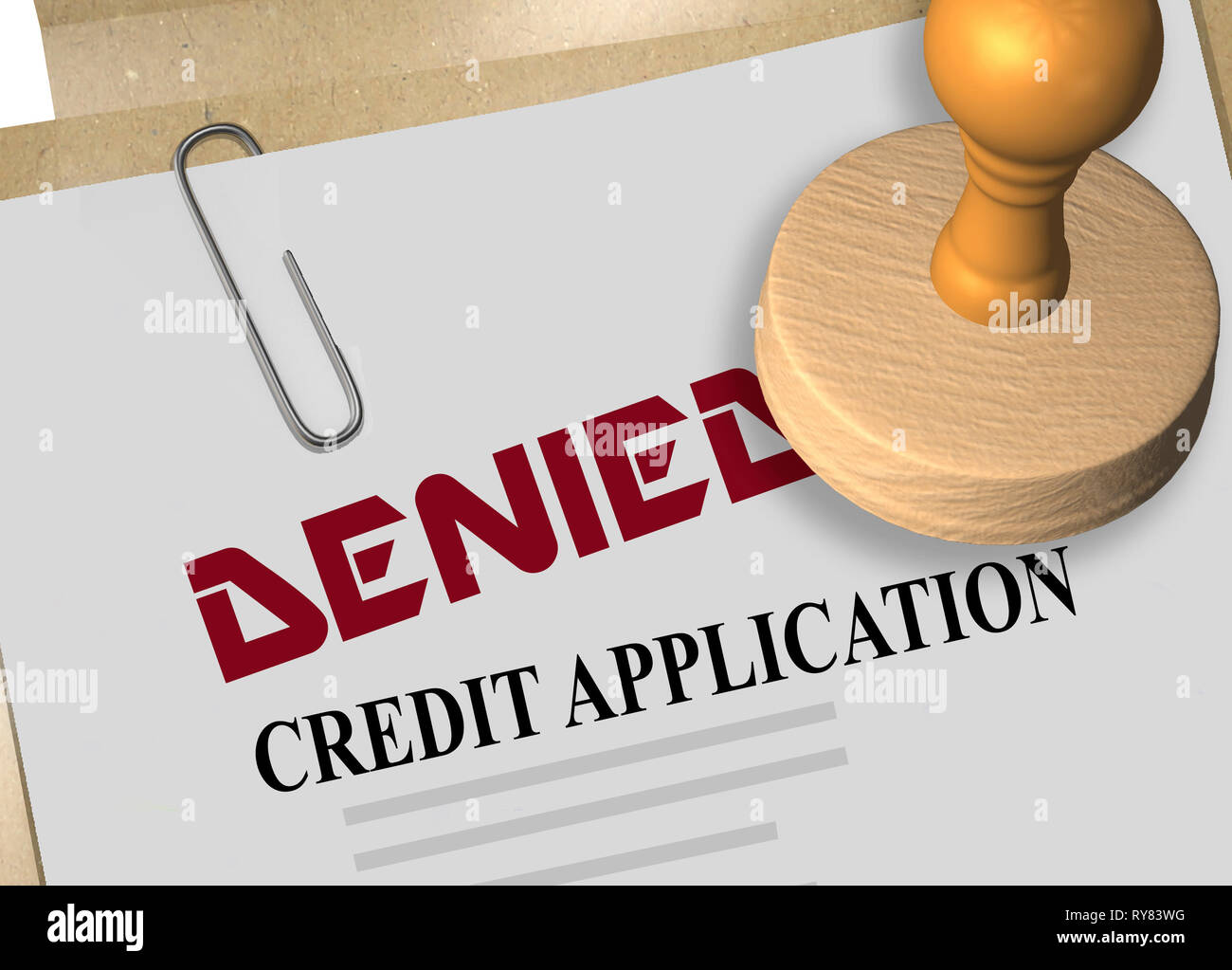 3D illustration of DENIED stamp title on credit application document ...