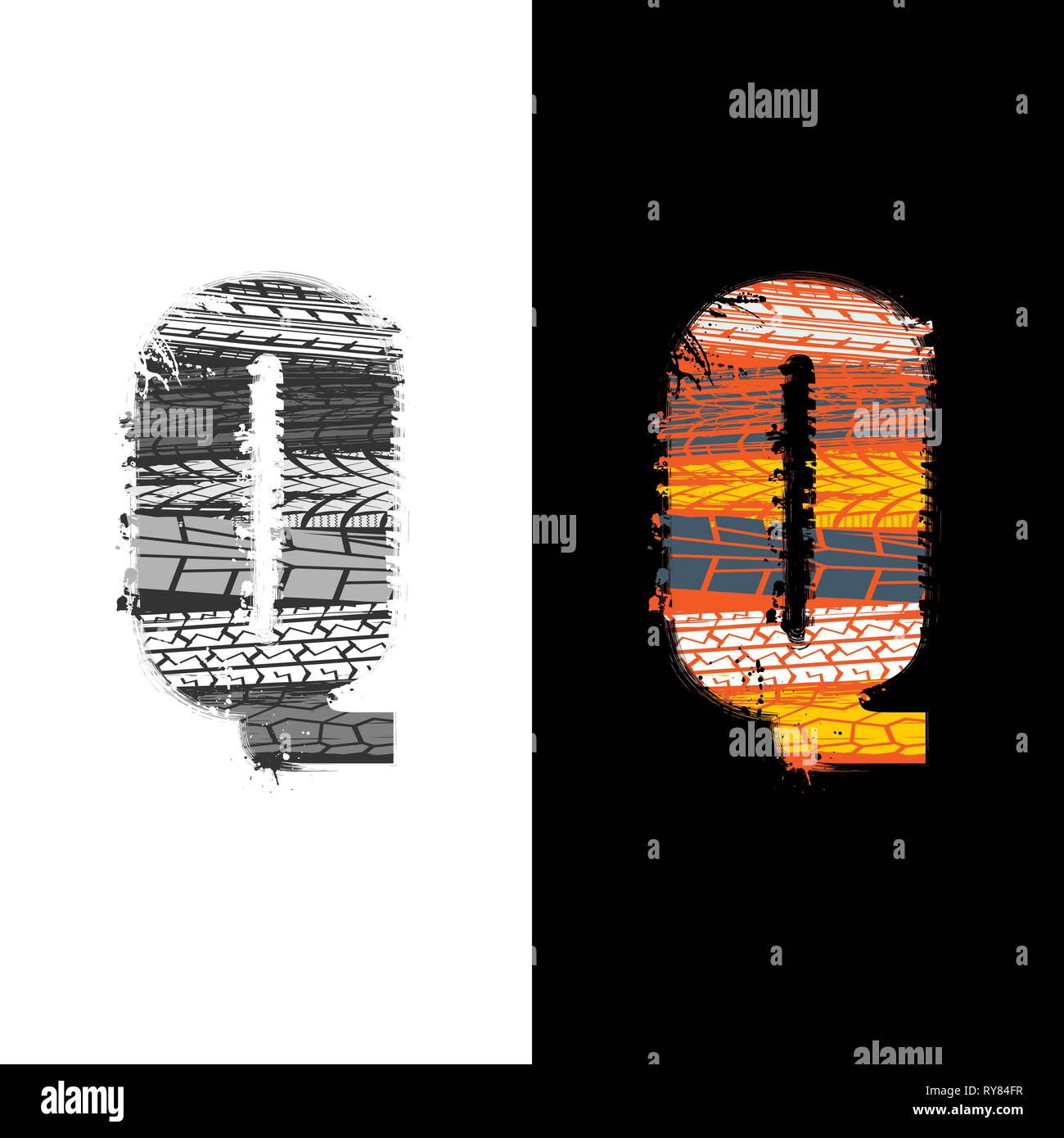 Two grunge letter Q with tire tracks isolated on differennt backgrounds ...