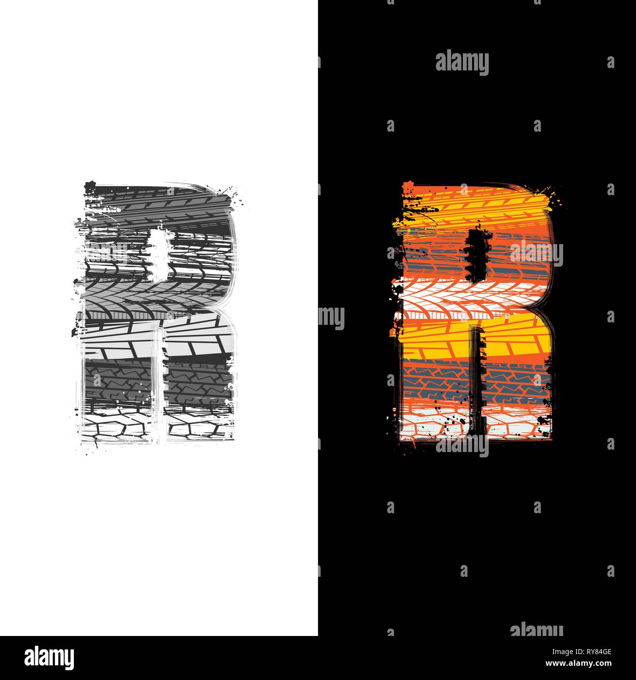 Two grunge letter R with tire tracks isolated on differennt backgrounds ...
