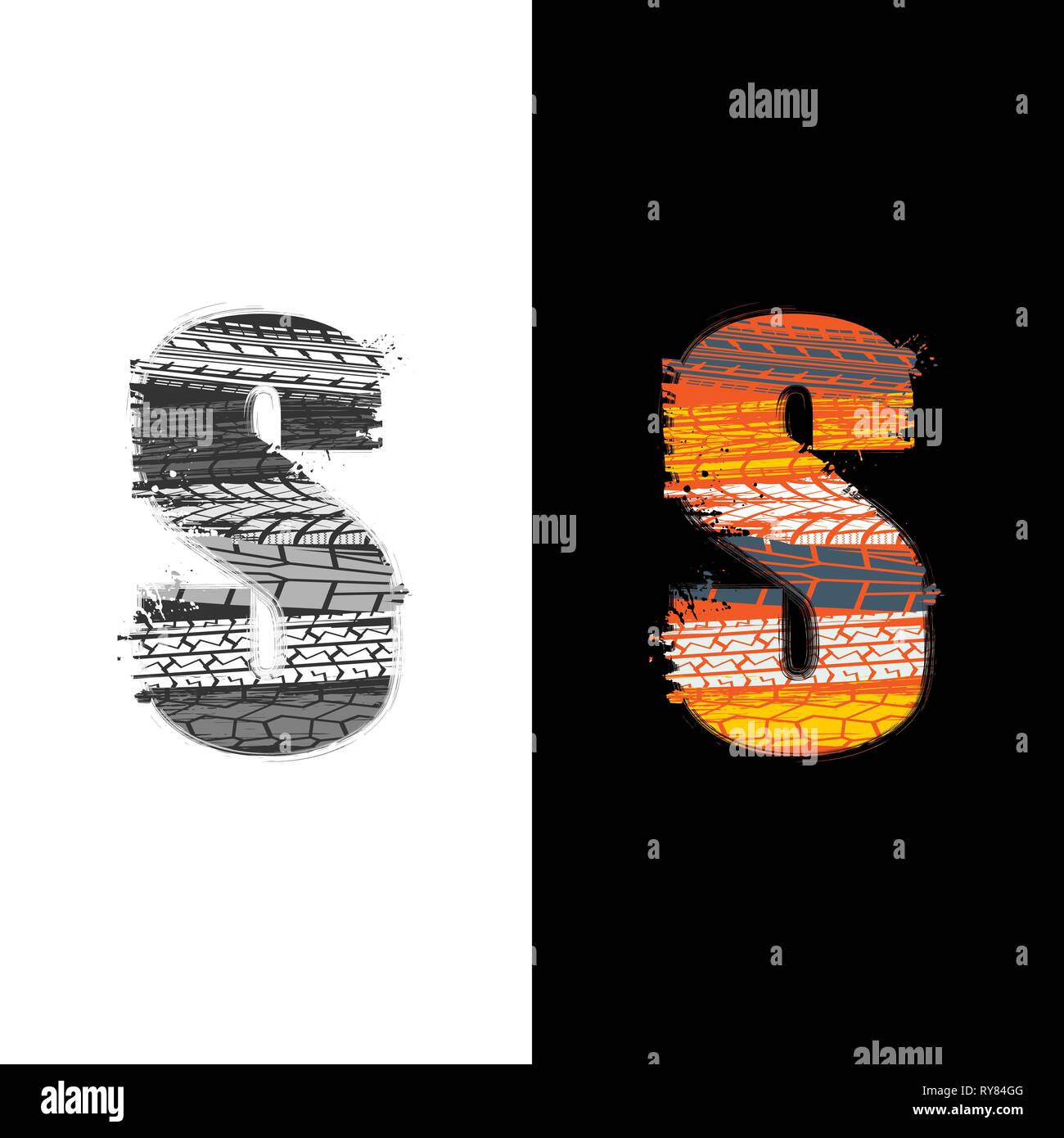 Two grunge letter S with tire tracks isolated on differennt backgrounds ...