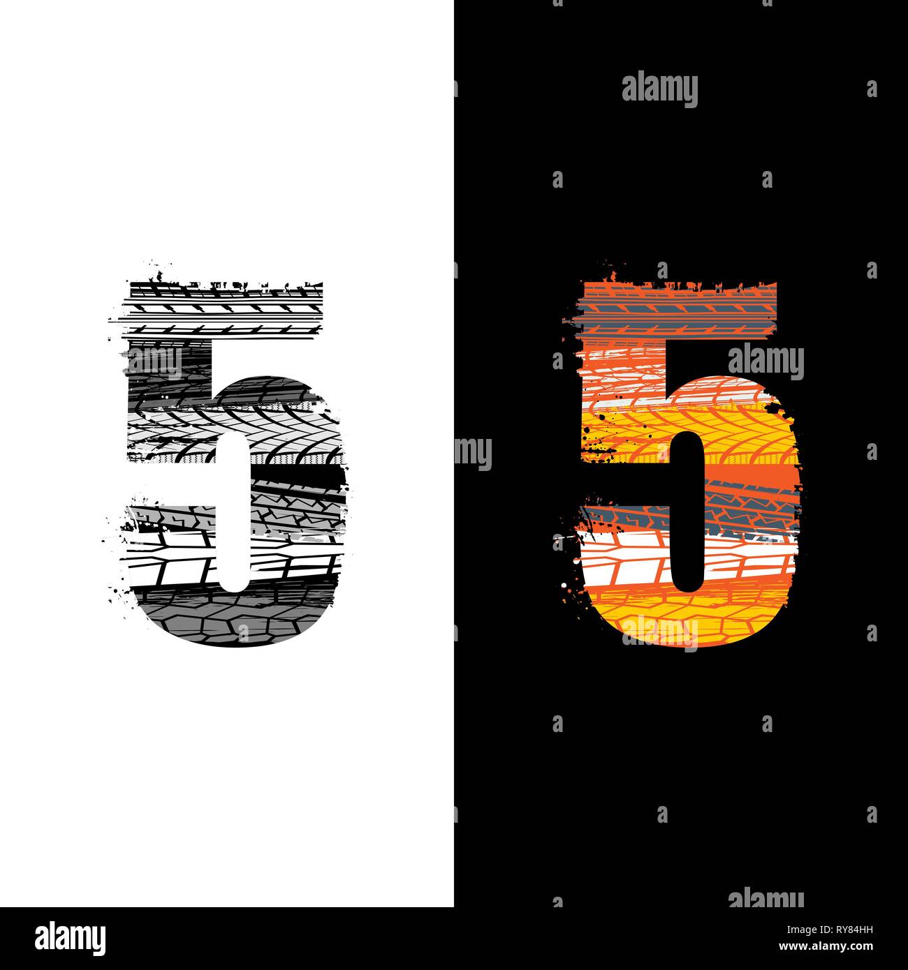 Two grunge number 5 with tire tracks isolated on differennt backgrounds ...
