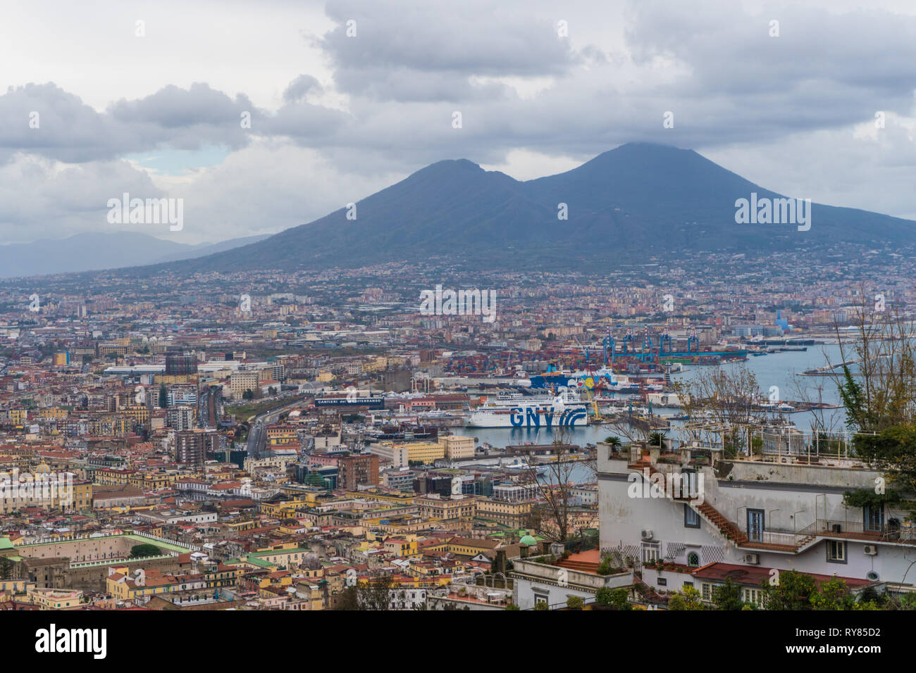 Panorama of Naples, view of the port in the Gulf of Naples and Mount ...