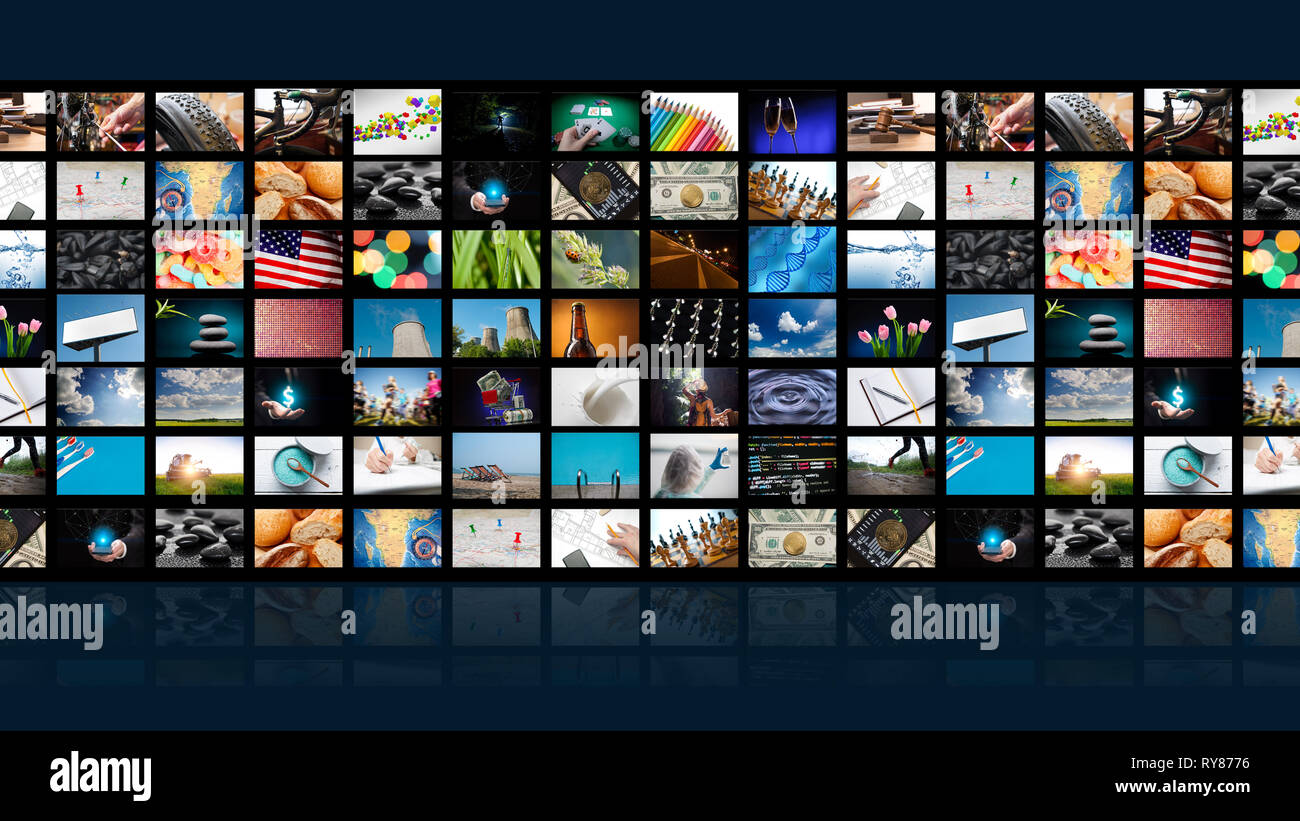 TV set with pictures of smart television ,close up. Blue background ...