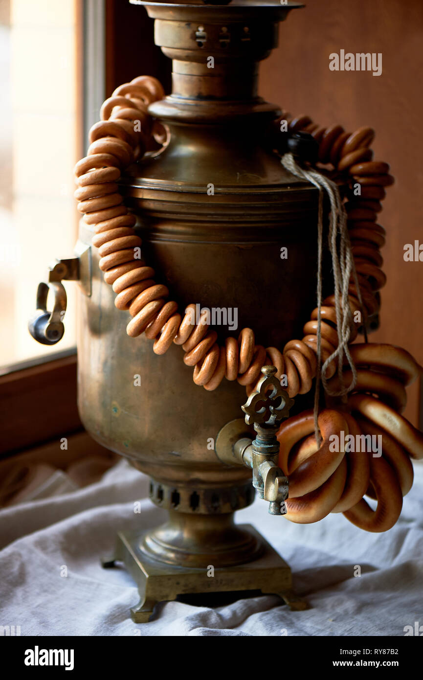 Russian old samovar with a bunch of sheep.The tradition of tea drinking ...