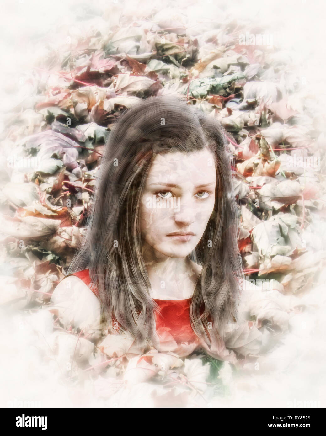 3D render of a sad female figure against a background of autumn leaves ...