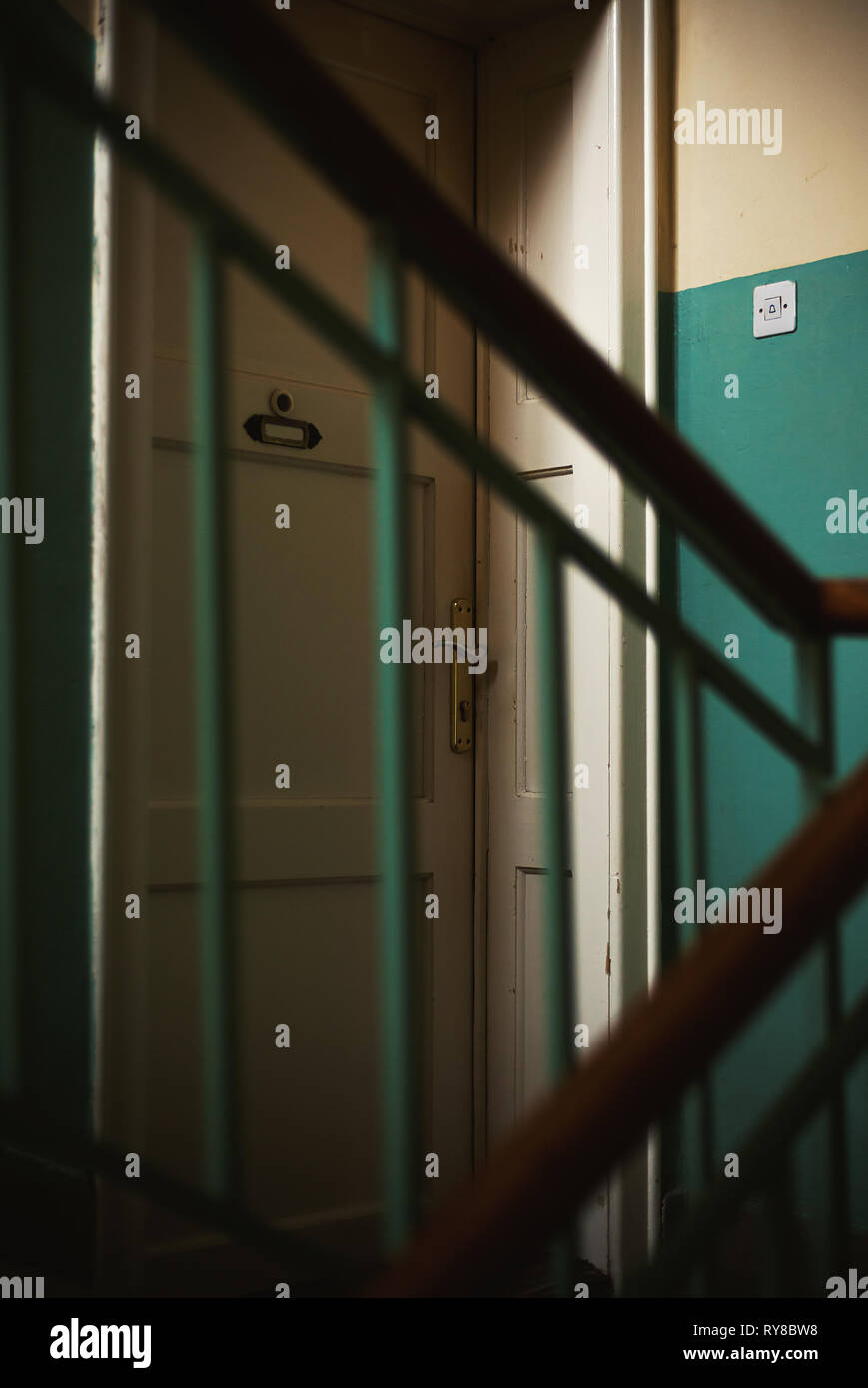 Old and retro entrance of a home, building hall interior, view from ...