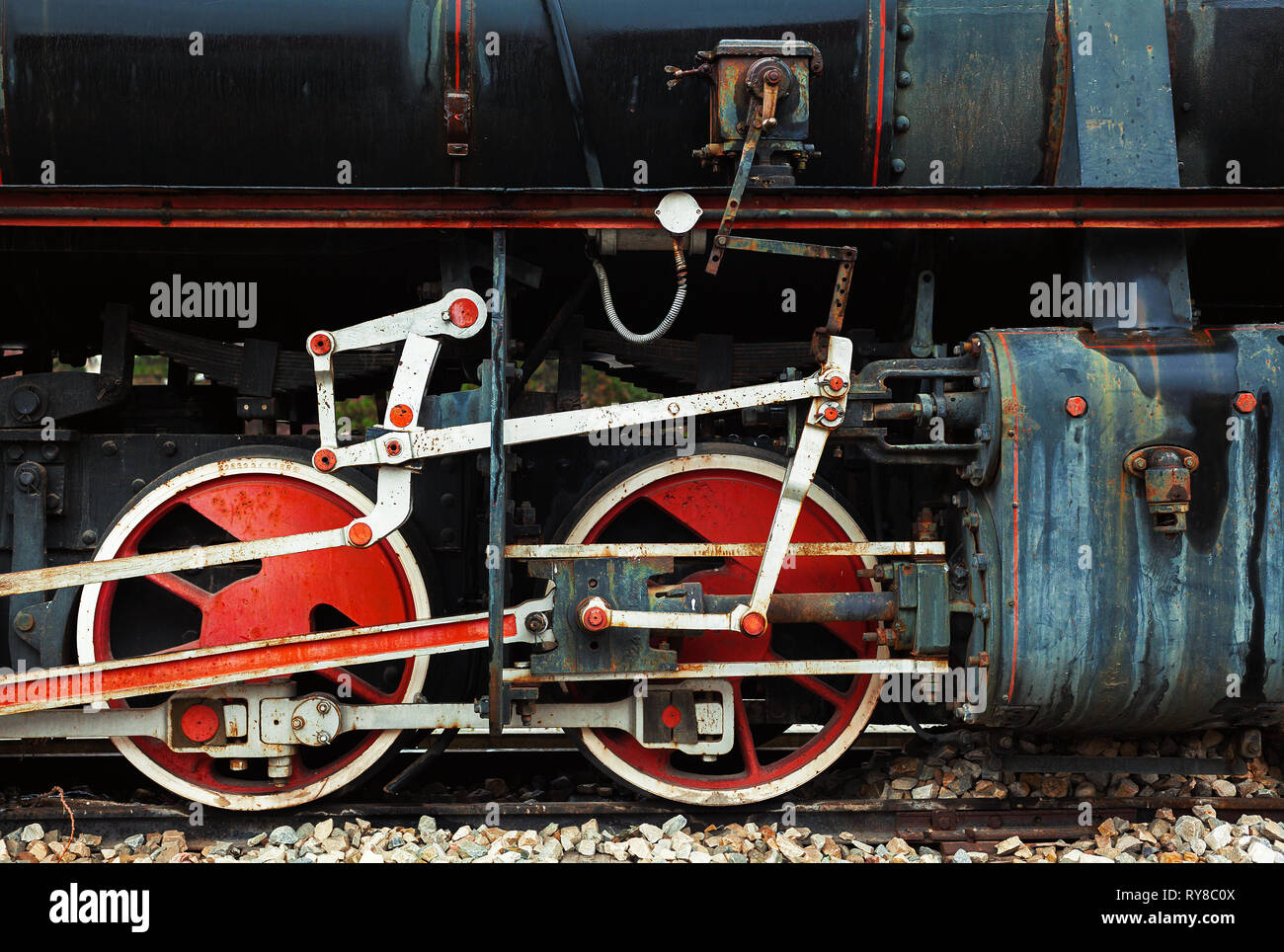 Abstract of an old locomotive, details of red wheels and mechanical ...