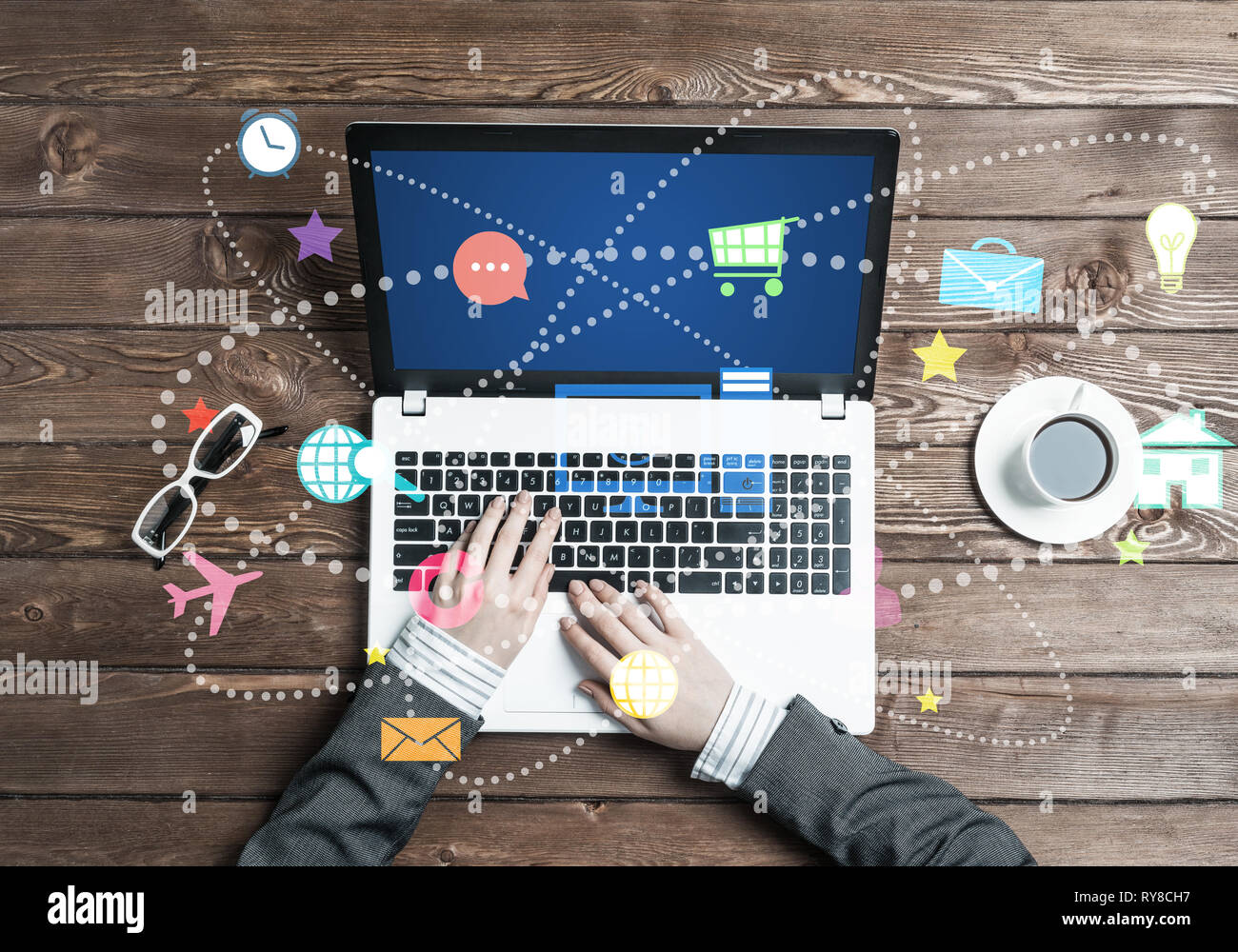 Business workplace with laptop in female hands device and media user ...