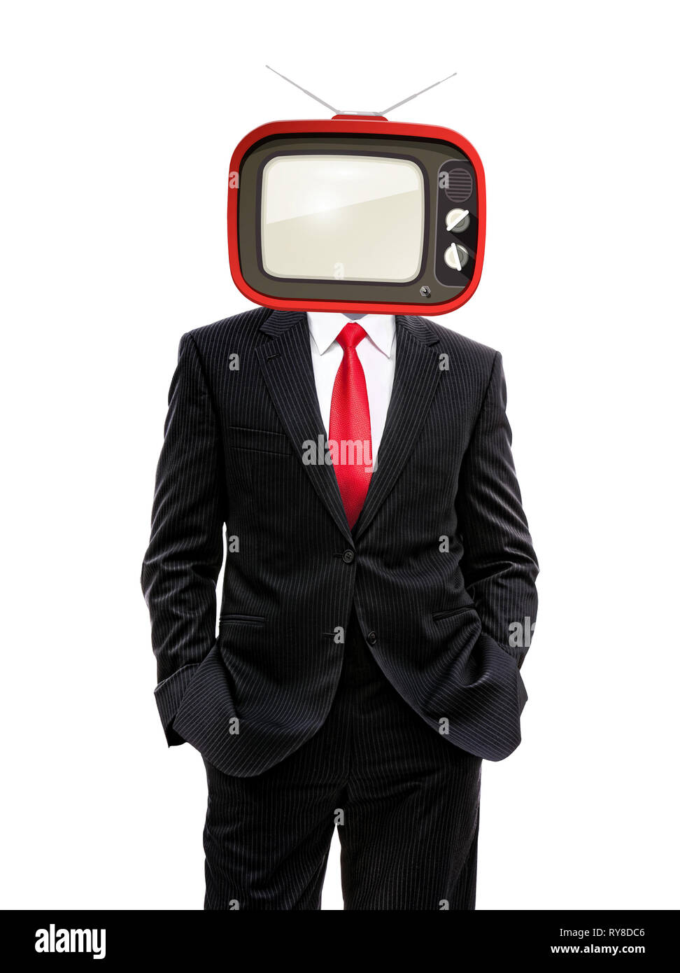 business man with retro tv on his head isolated on white, 3d ...