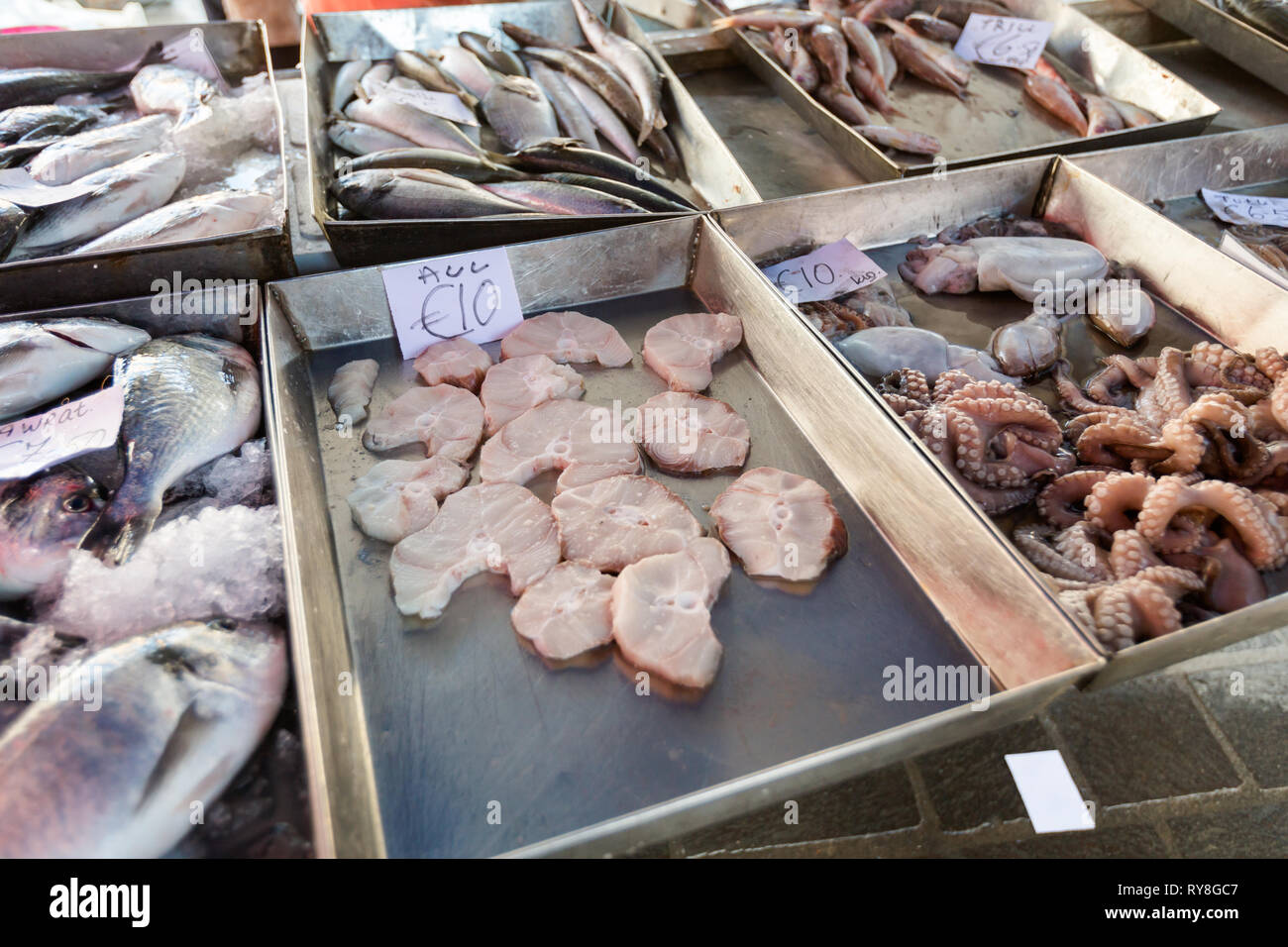 Selection of fresh caught fishes and seafood on Marsaxlokk local market ...