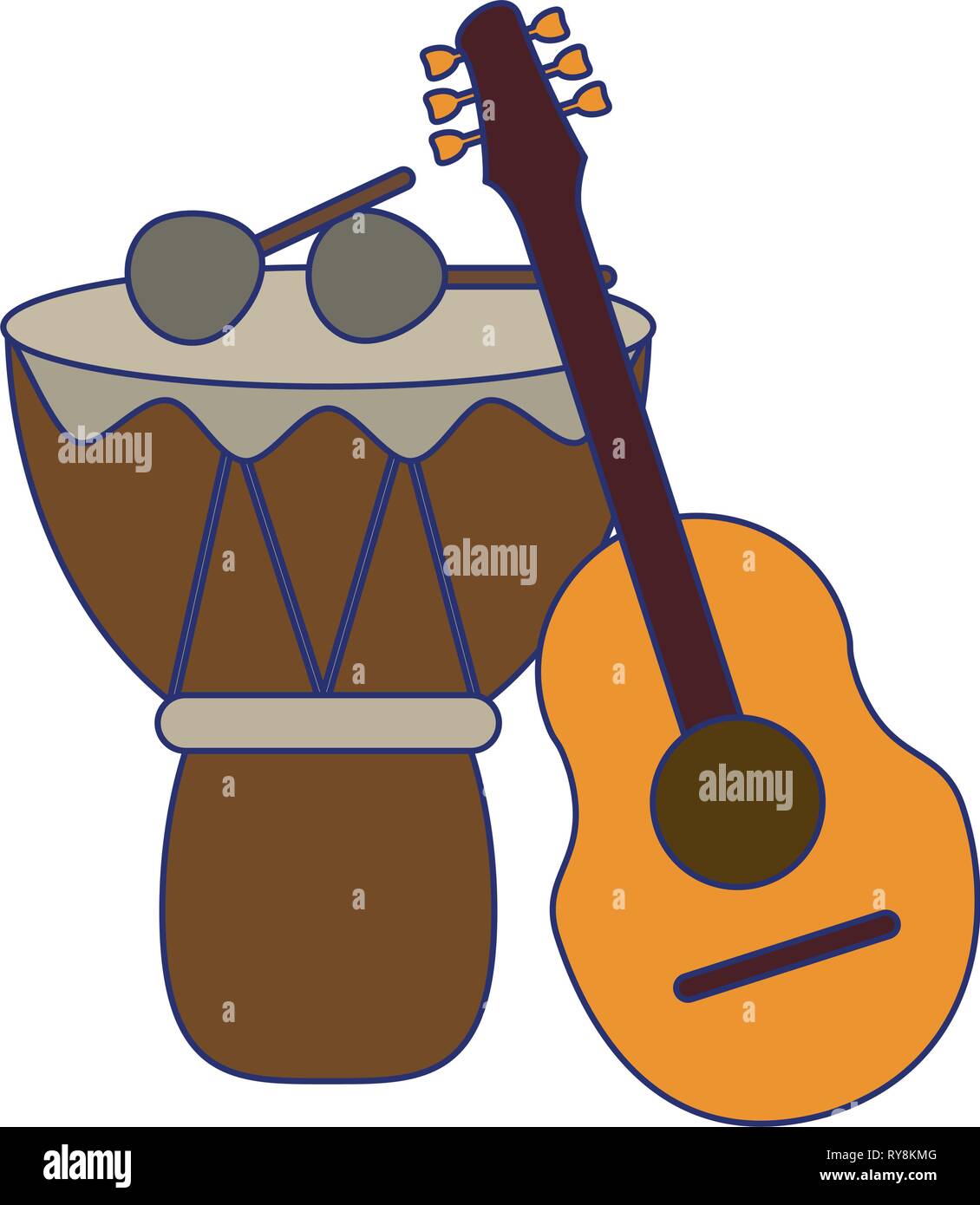 music instruments acoustic guitar and drum with sticks blue lines Stock ...