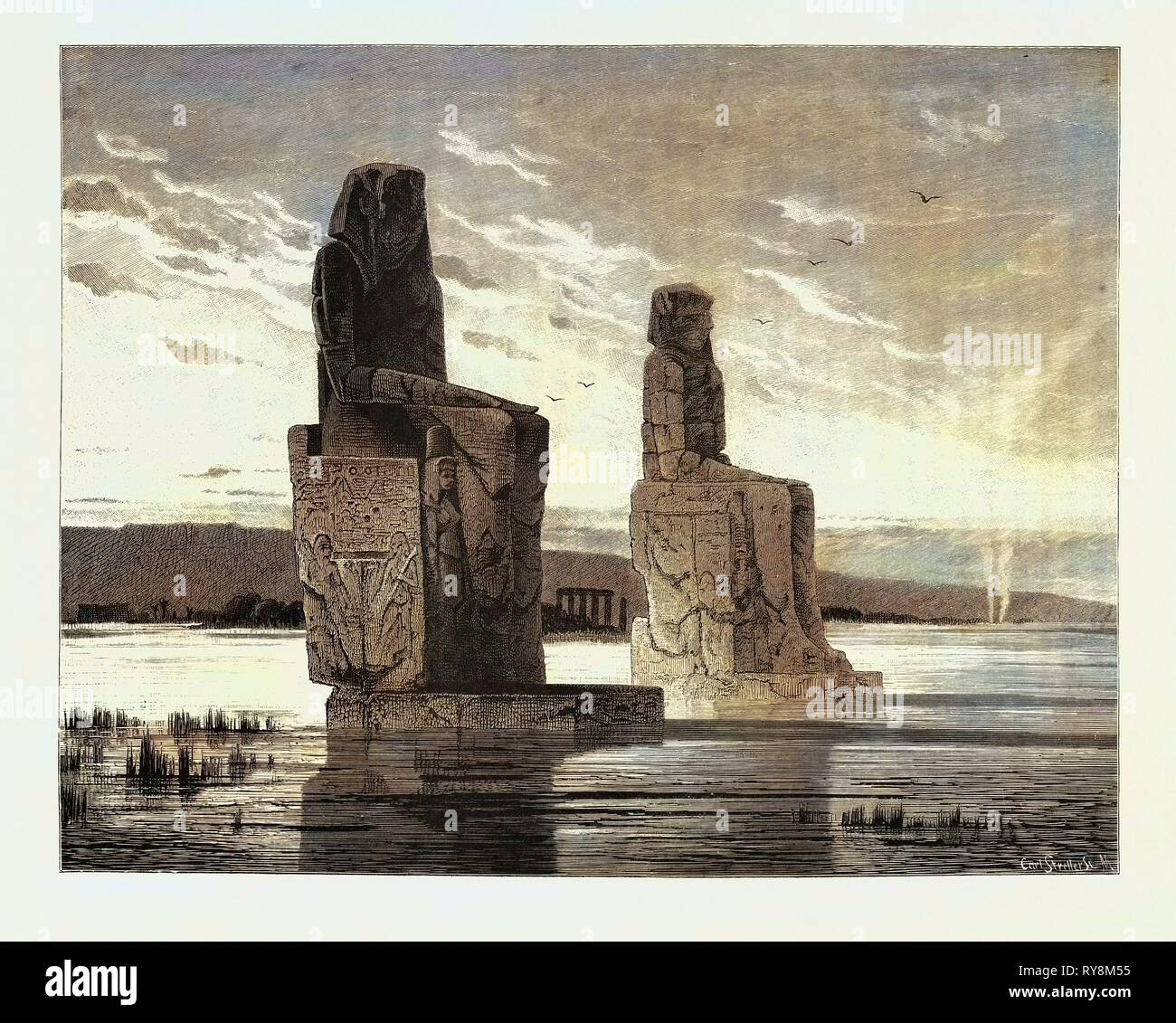 The statue of Memnon and its companion at the time of high Nile. Egypt ...