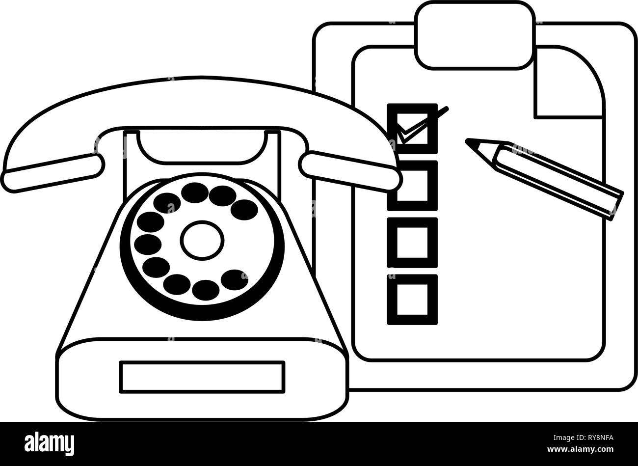 Checklist clipboard and pencil with telephone symbol in black and white ...