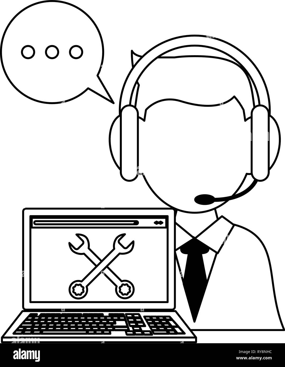 Call center operator with laptop technical support in black and white ...