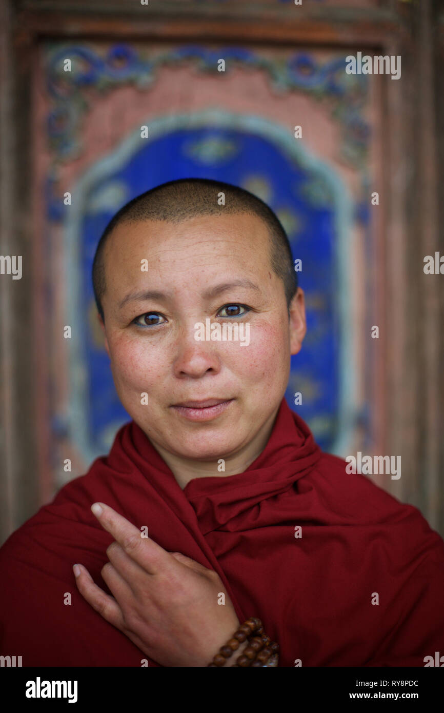 Chinese female monk posing in in buddhist temple, temple, Wutai Shan ...