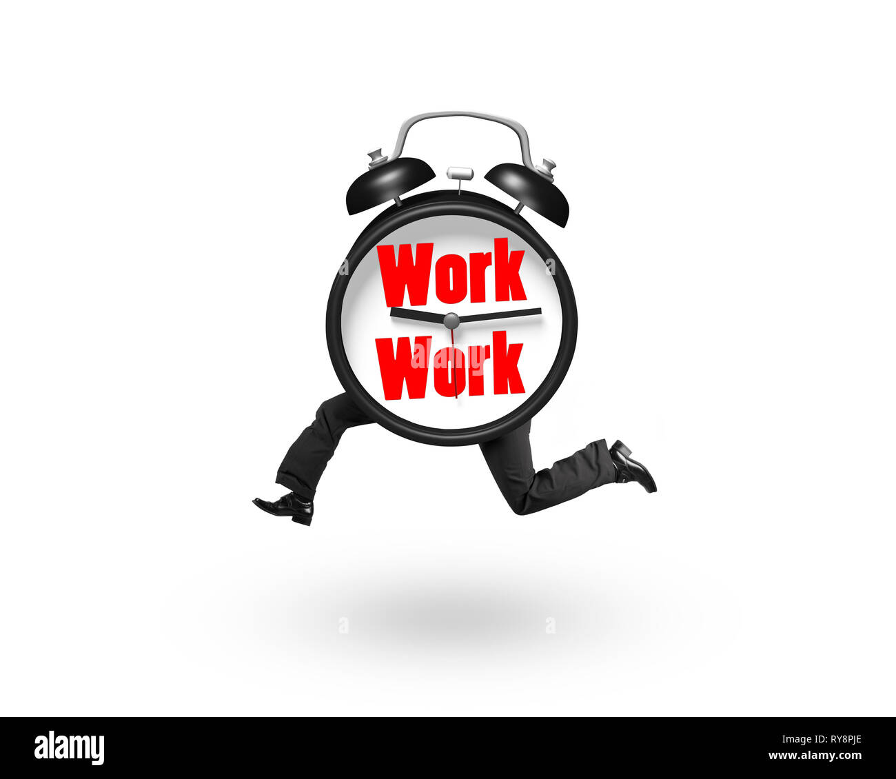 Alarm clock with human legs running and work words on clock face ...