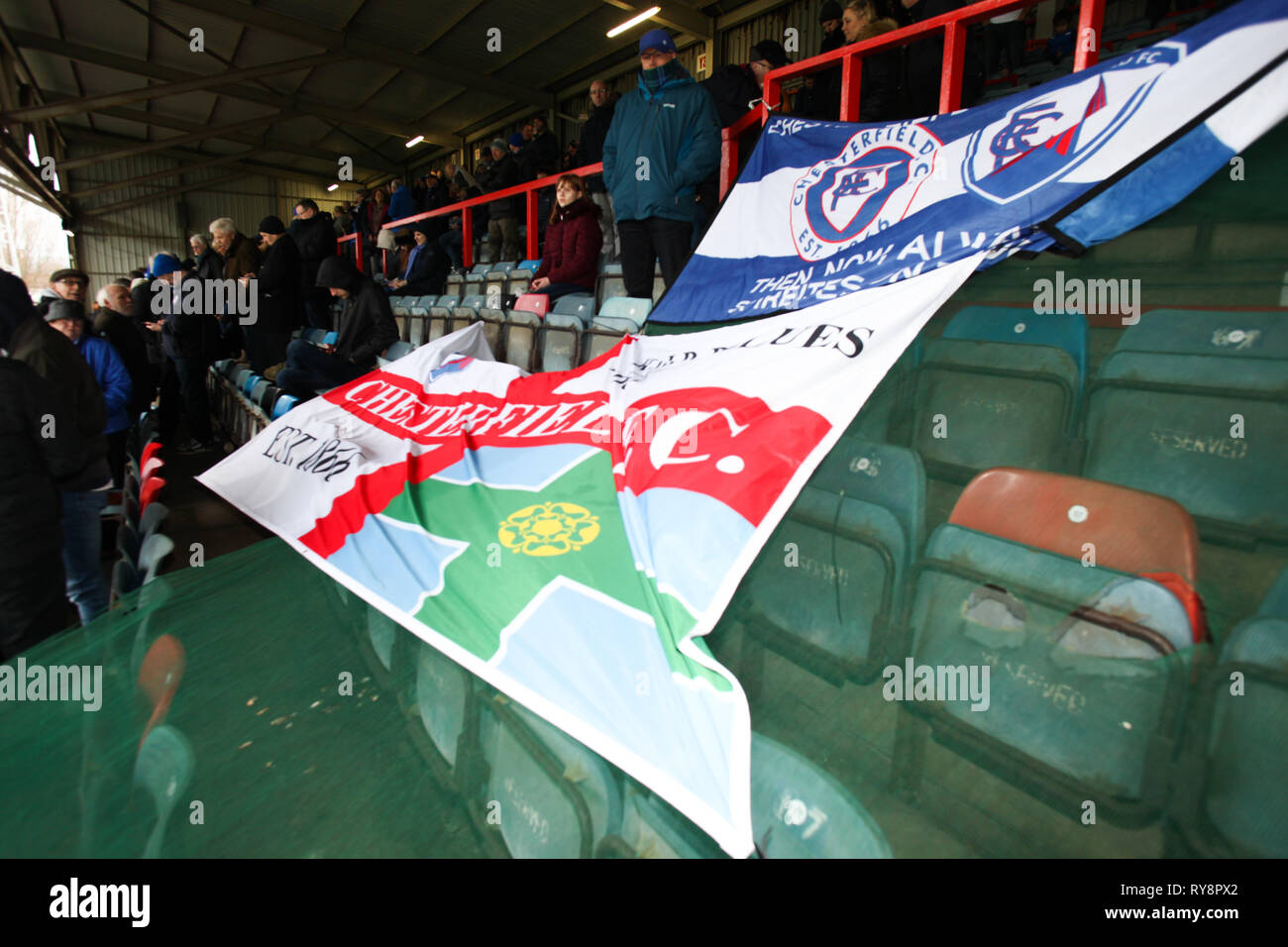 Away end flags of Chesterfield football fans draped over safety blanket ...